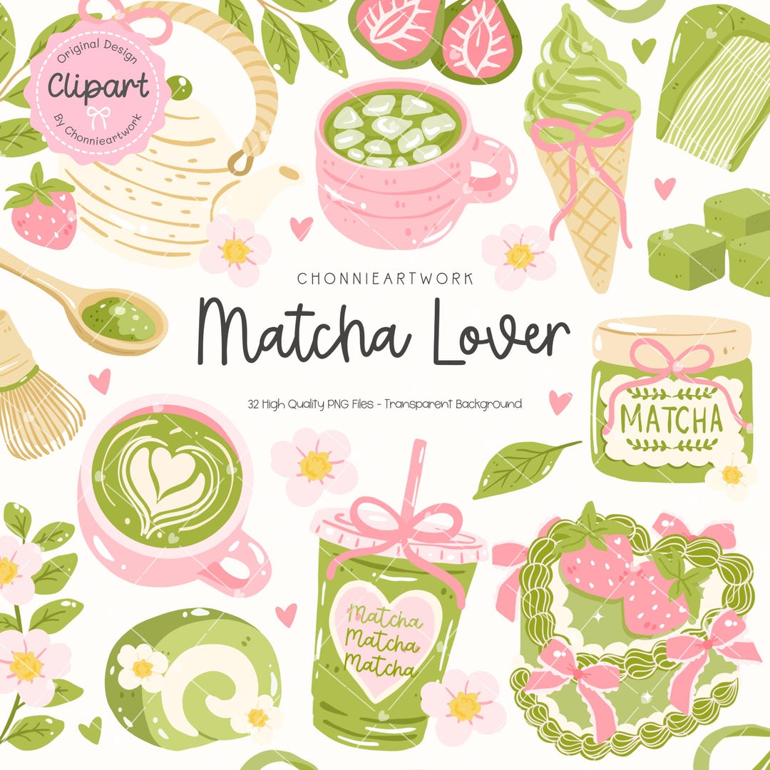 Matcha Lover Clipart Set, Cute Matcha Tea PNG, Japanese Green Tea Clip ...