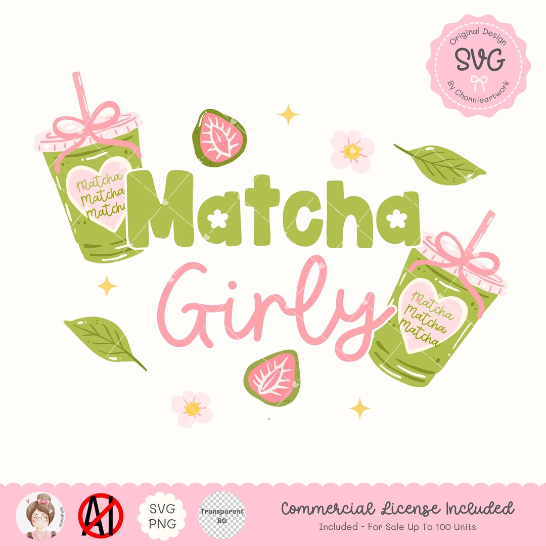 Matcha Girly SVG PNG, Kawaii Matcha Tea Cup Clipart, Pastel Green Pink ...