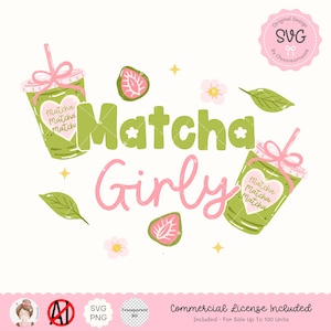 Matcha Girly SVG PNG, Kawaii Matcha Tea Cup Clipart, Pastel Green Pink ...
