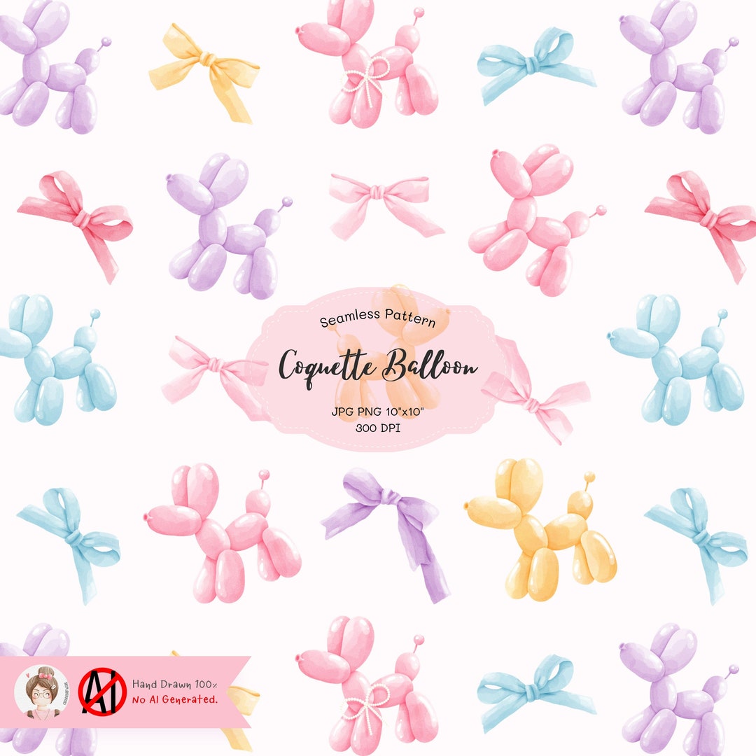 Coquette Balloon Dog Seamless Pattern, Cute Preppy Pink Ribbon Bow ...
