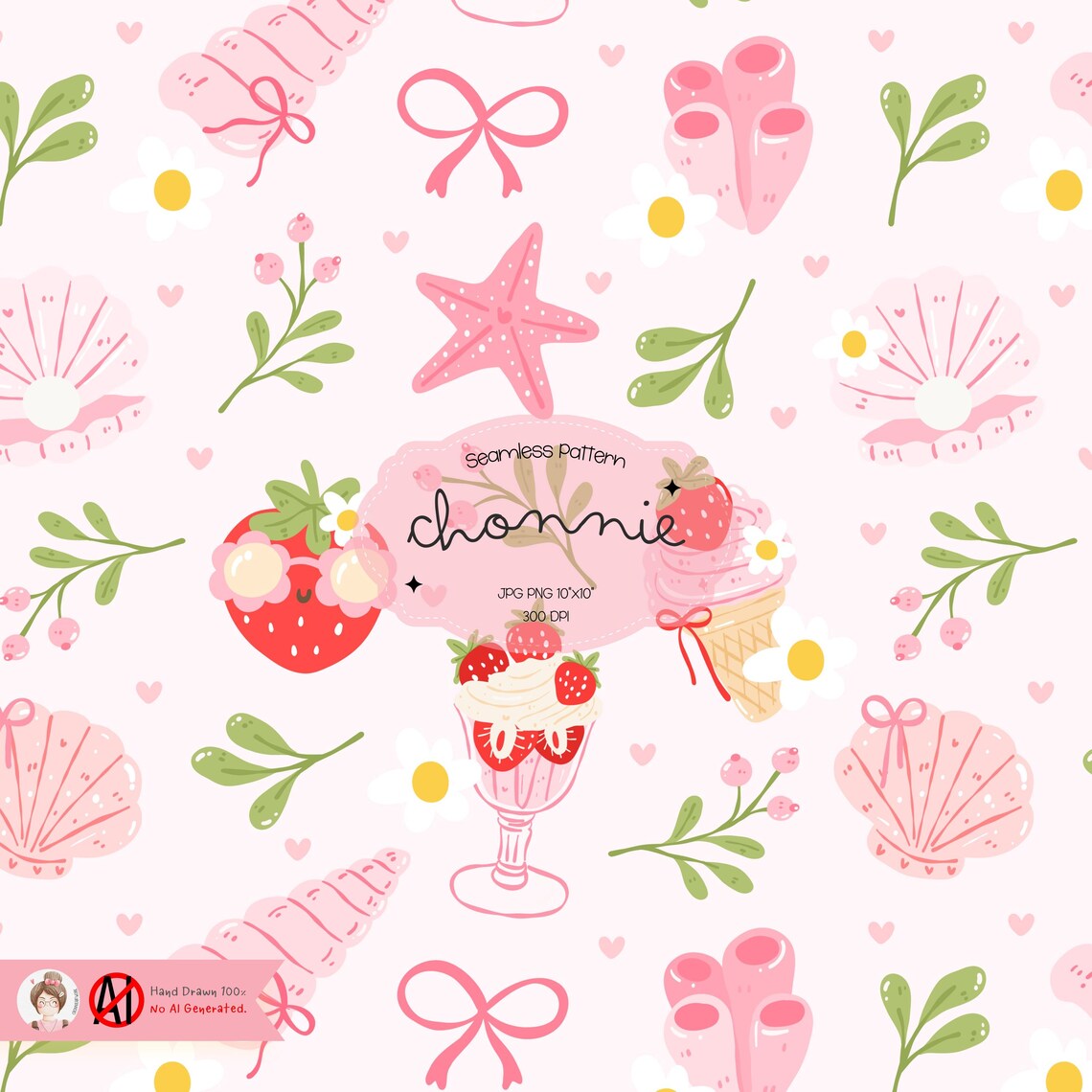 Coquette Beach Seamless Pattern | Strawberry Ice Cream Shell Starfish ...