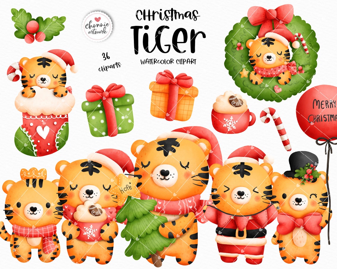 Christmas Tiger Clipart Year of the Tiger Christmas Clipart. - Etsy
