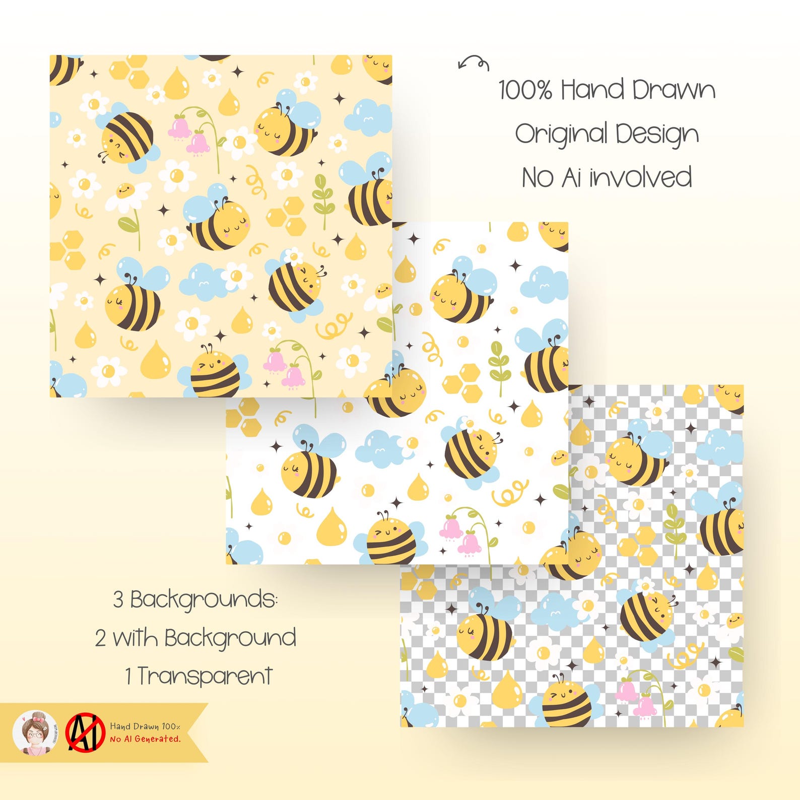Honey Bee Seamless Pattern Cute Bumble Bee Digital Paper Floral Daisy ...