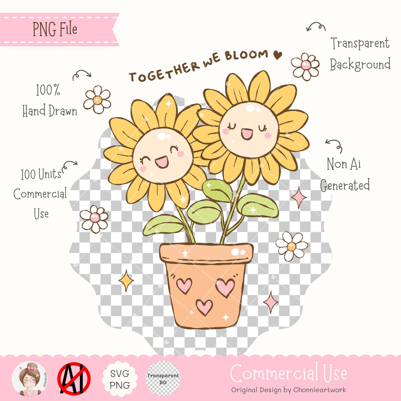 Together We Bloom PNG SVG – Cute Happy Sunflower Shirt, Kawaii Flower ...