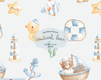 Nautical Teddy Bear Seamless Patterns, Teddy Bear Pattern, Teddy Bear ...