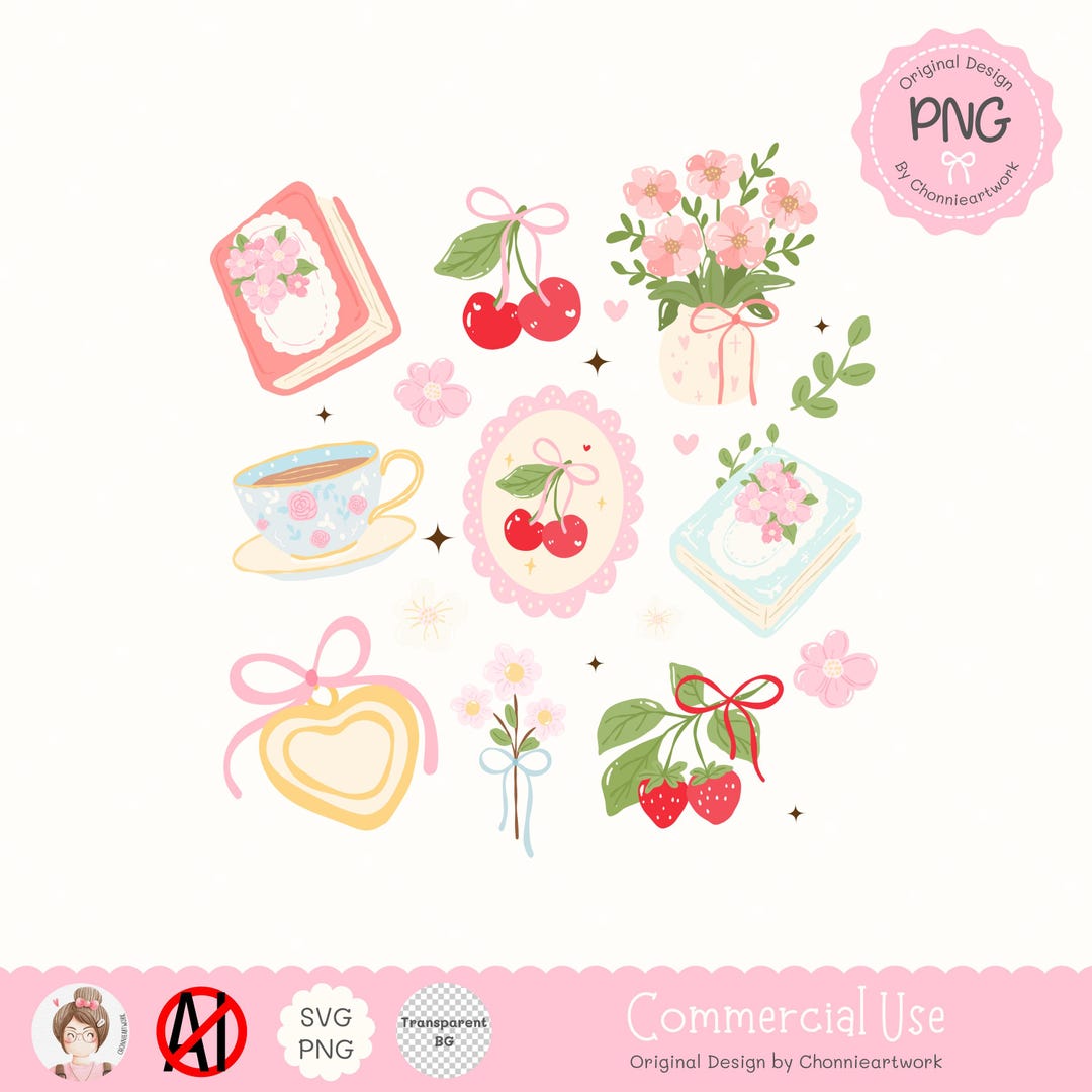 Coquette Berry and Book Graphic, Floral Books Clipart, Coquette ...