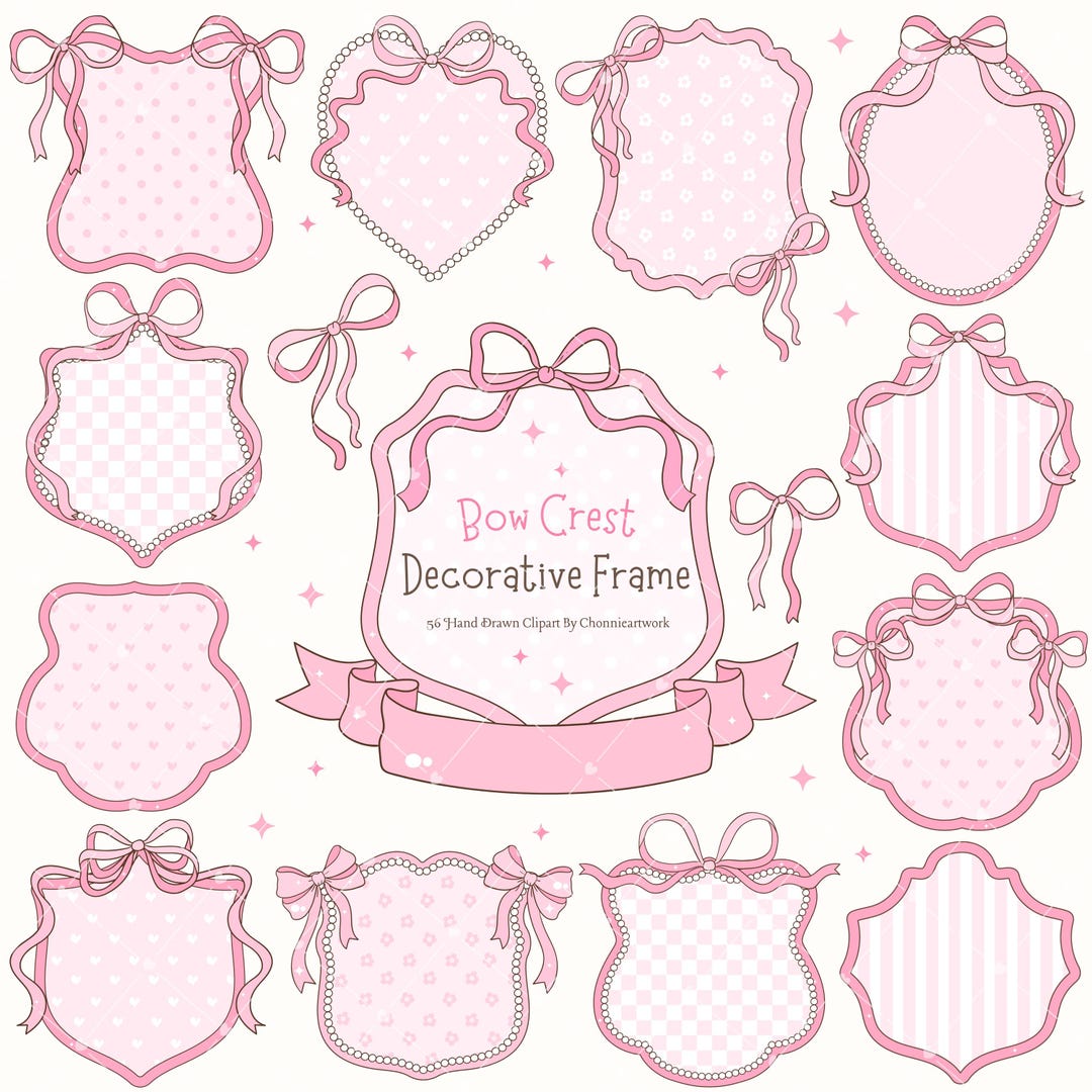 Pink Coquette Ribbon Bow Crest Frame PNG SVG Clipart Romantic Crest ...