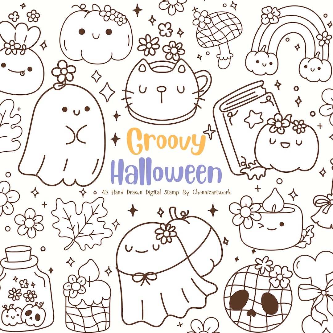 Groovy Halloween Digital Stamp Doodle Coloring Retro Fall Coloring ...