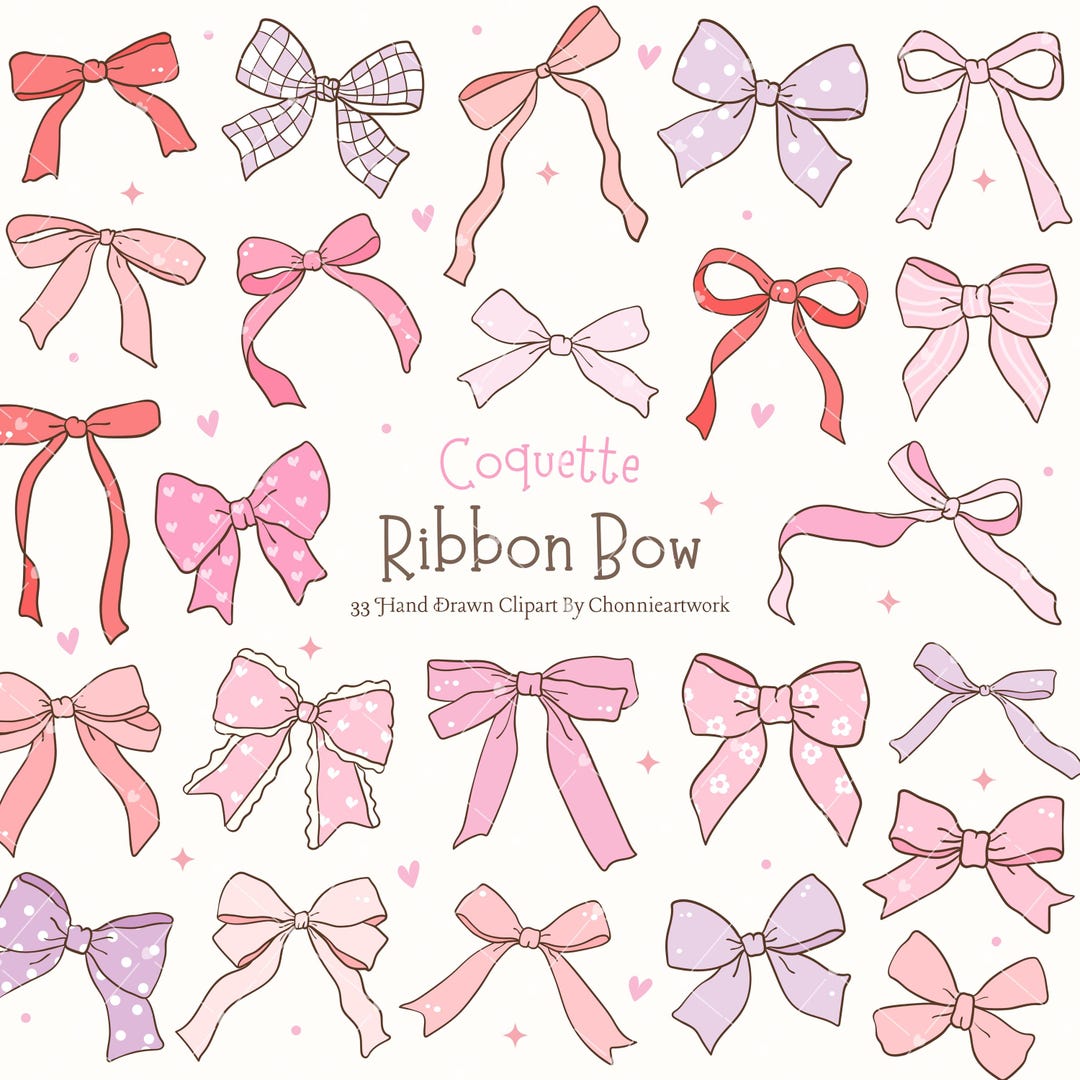 Vintage Pink Coquette Ribbon Bow Clipart Doodle Bow PNG SVG Clipart Set ...
