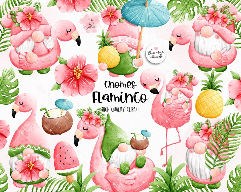 Gnome Flamingo Clipart Summer Gnome Clipart Tropical Gnomes | Etsy