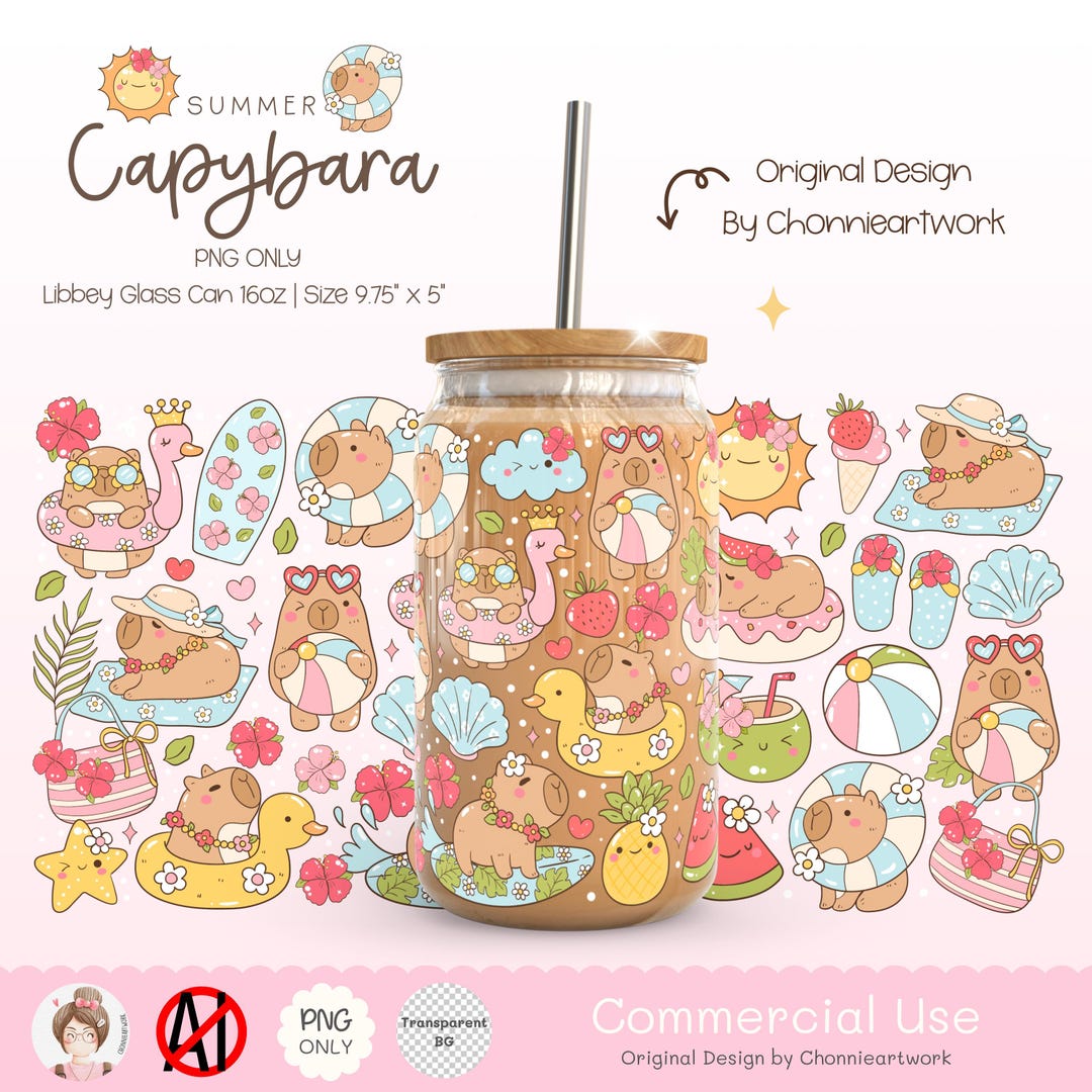 Summer Capybara PNG Libbey Glass Can Wrap | Beach Capybara Kawaii ...