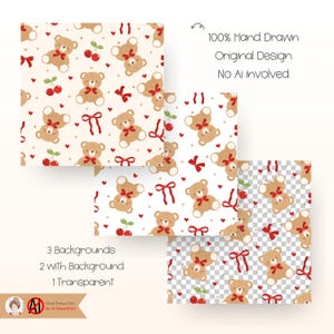 Coquette Teddy Bear Seamless Pattern, Cute Bear Cherry Seamless, Bear ...