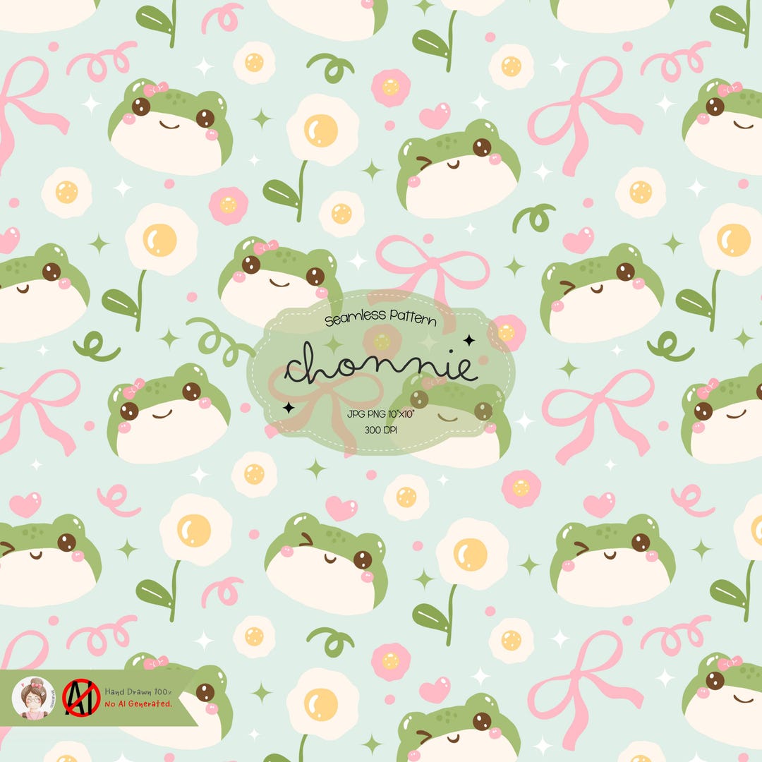 Coquette Frog & Daisy Seamless Pattern JPG PNG Cute Aesthetic Frog Bow ...