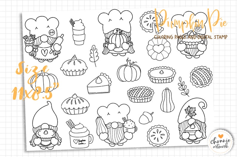 Gnome pumpkin pie Coloring Pages Happy Fall Gnome Digital | Etsy