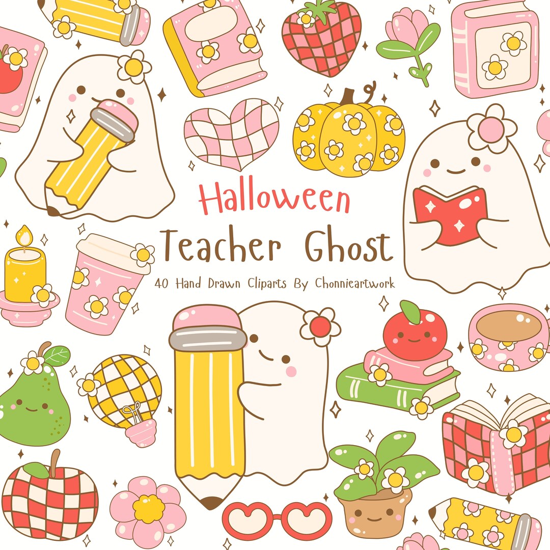 Halloween Cute Ghost Clipart, Teacher Ghost Clipart, Groovy Halloween ...