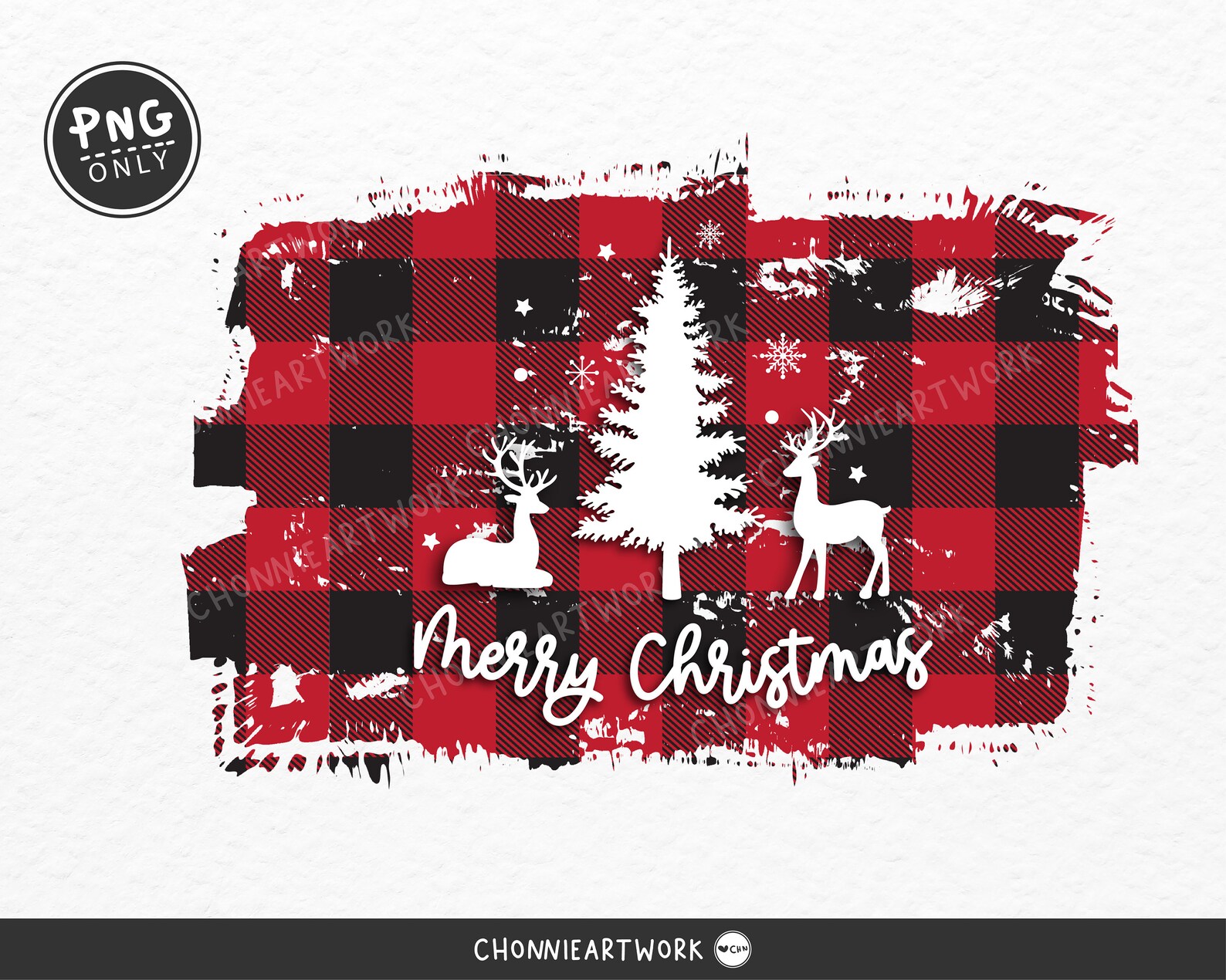 Merry Christmas red buffalo plaid reindeer clipart instant | Etsy