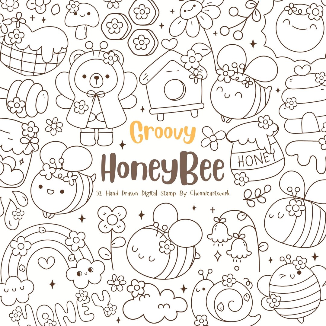 Groovy Honey Bee Digital Stamp Retro Bee Doodle Coloring Page Cute ...