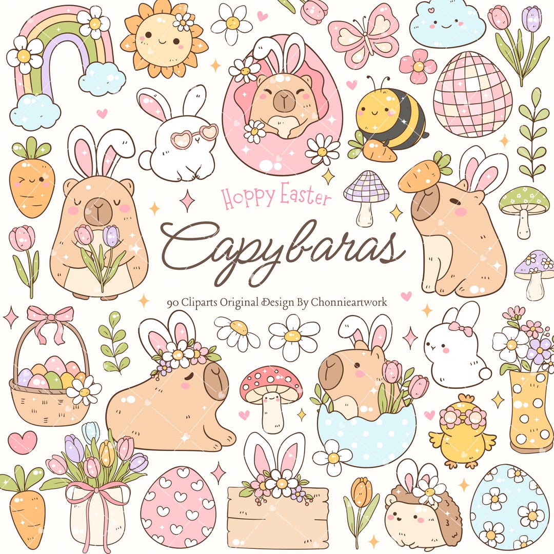 Hoppy Easter Capybaras Clipart Set SVG PNG Groovy Capybara Spring ...
