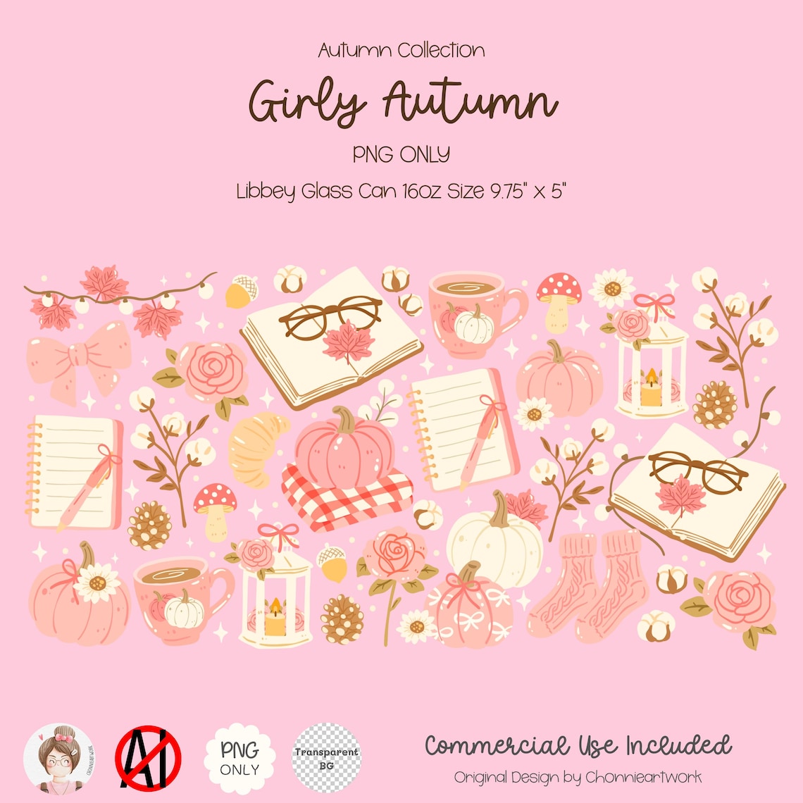 Girly Autumn Glass Can Wrap, Cozy Autumn Bookish,pumpkin Cottagecore ...