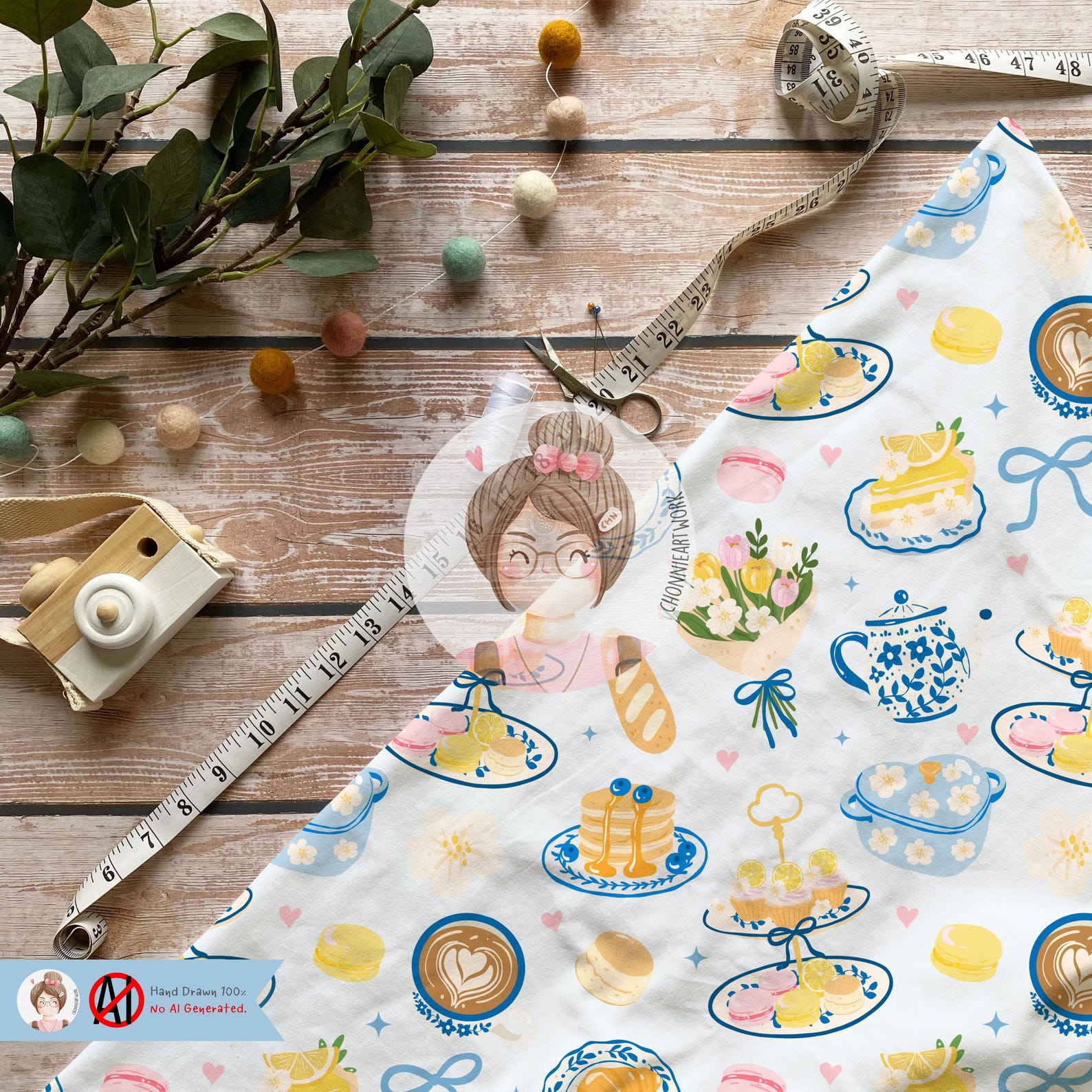Coastal Brunch Seamless Pattern, Blue and Yellow Kitchen Decor ...