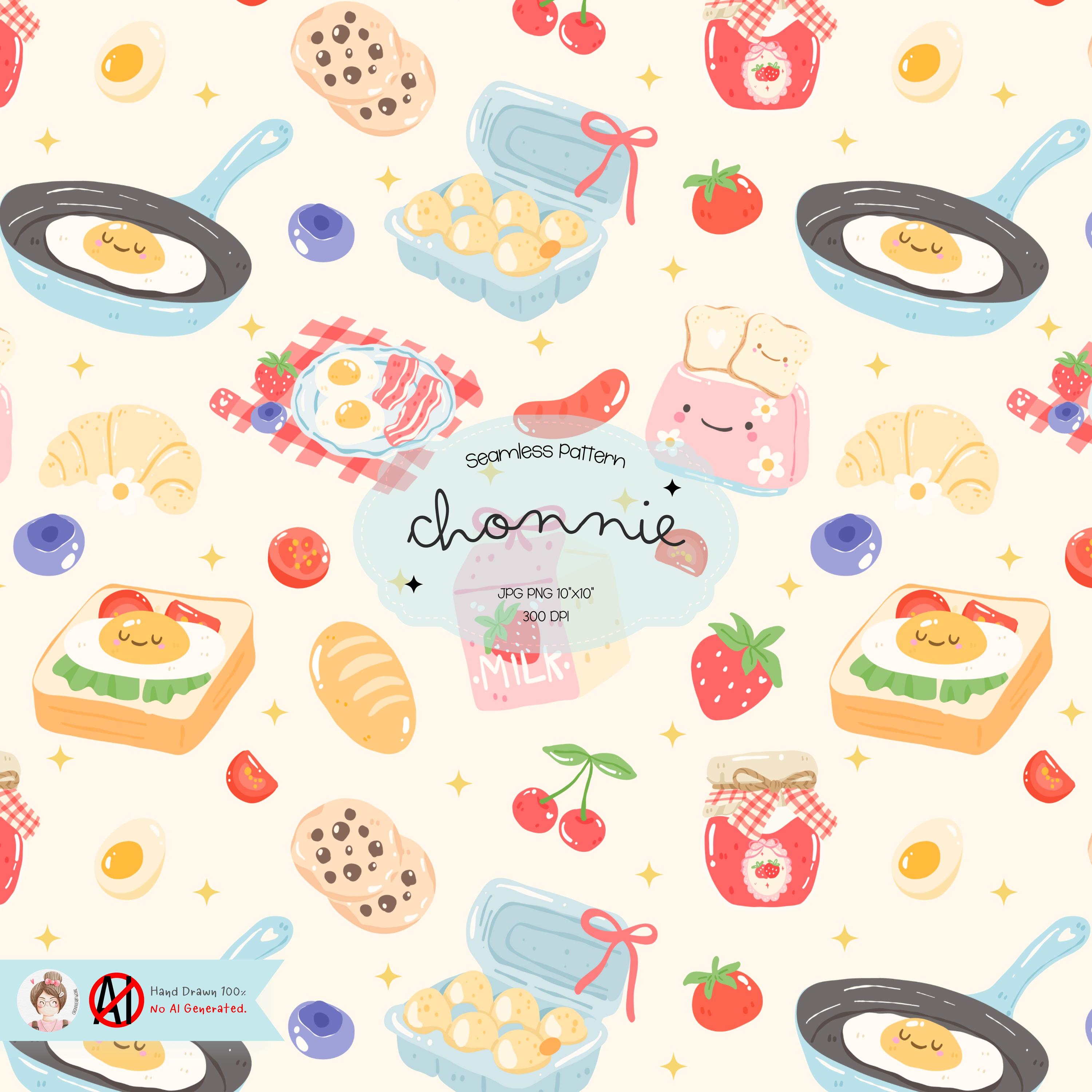 Cute Breakfast Seamless Pattern, Kawaii Food Picnic, Cottagecore ...