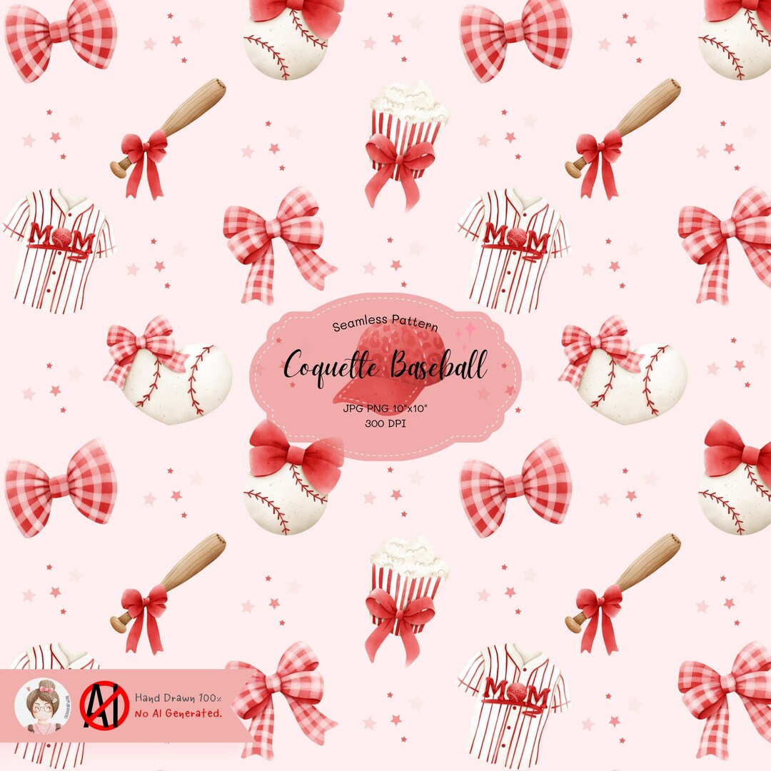 Red Coquette Baseball Mom Seamless Pattern, Baseball Seamless Pattern ...