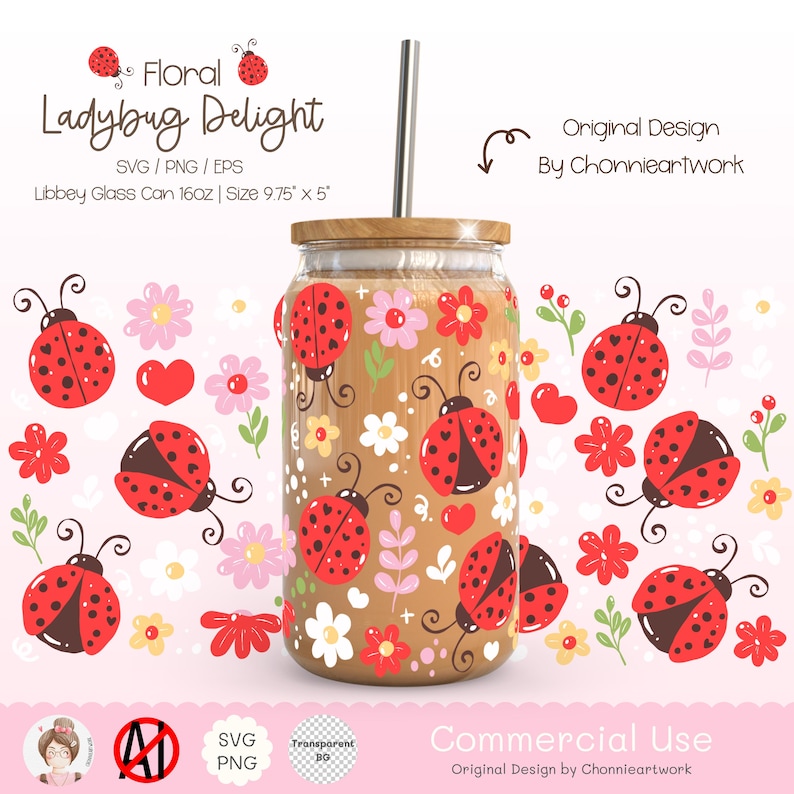 Floral Ladybug Glass Can Wrap, Cute Ladybug Glass Wrap, Cottagecore ...