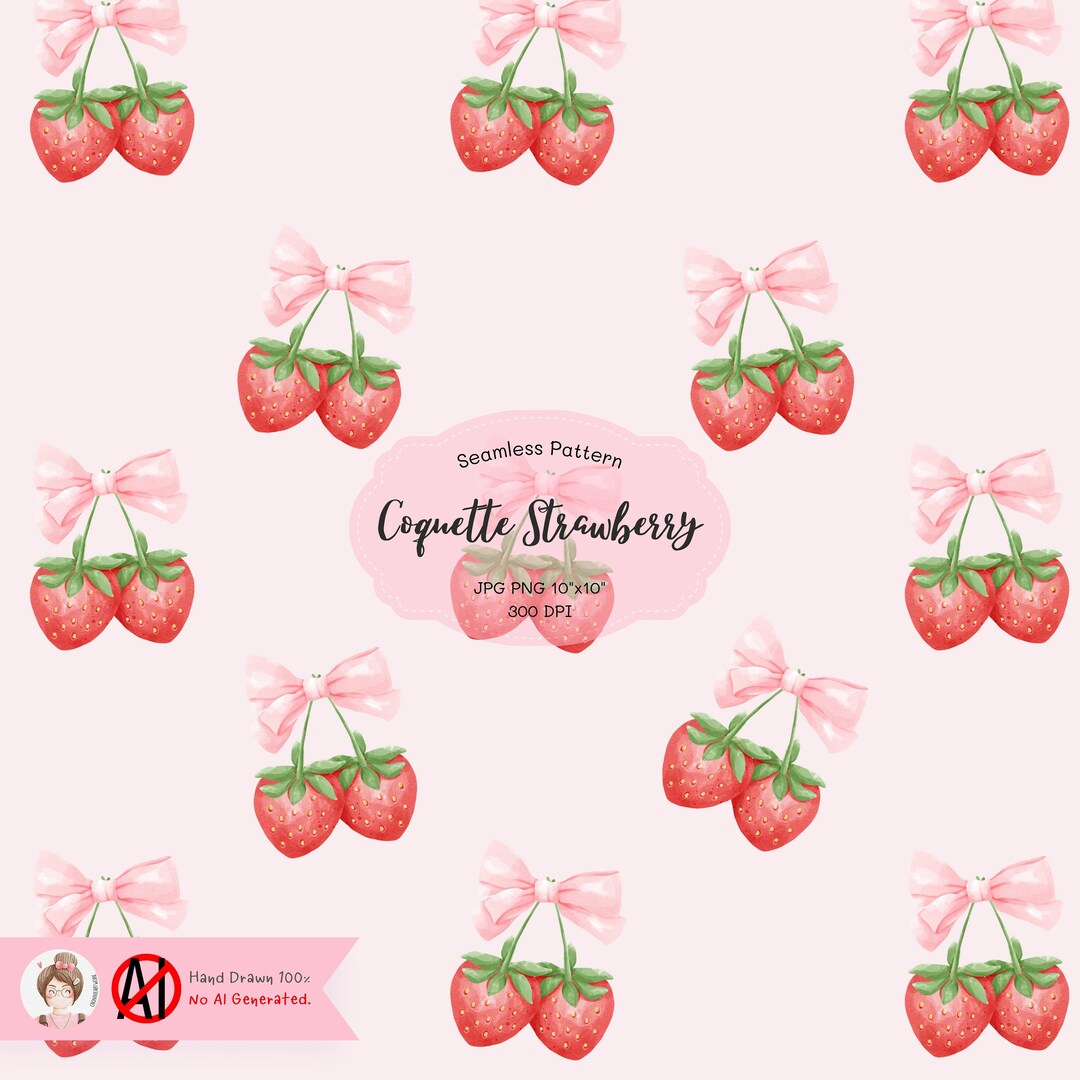 Pink Coquette Ribbon Seamless Pattern, Coquette Strawberry Pattern ...