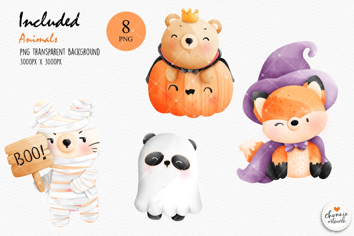Watercolor Halloween Animals Clipart Halloween Download - Etsy