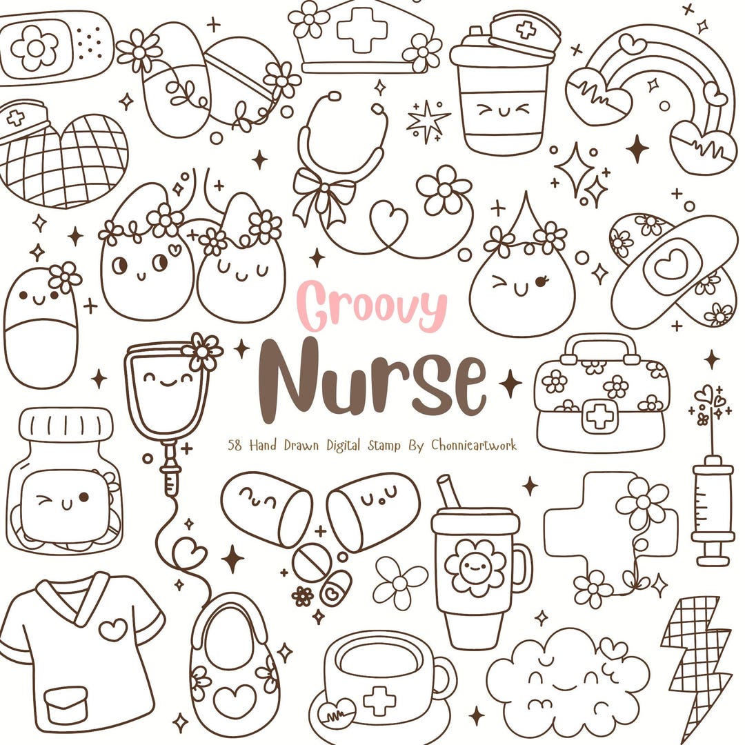 Groovy Nurse Digital Stamp Doodle Coloring Retro Nurse Outline Cute ...