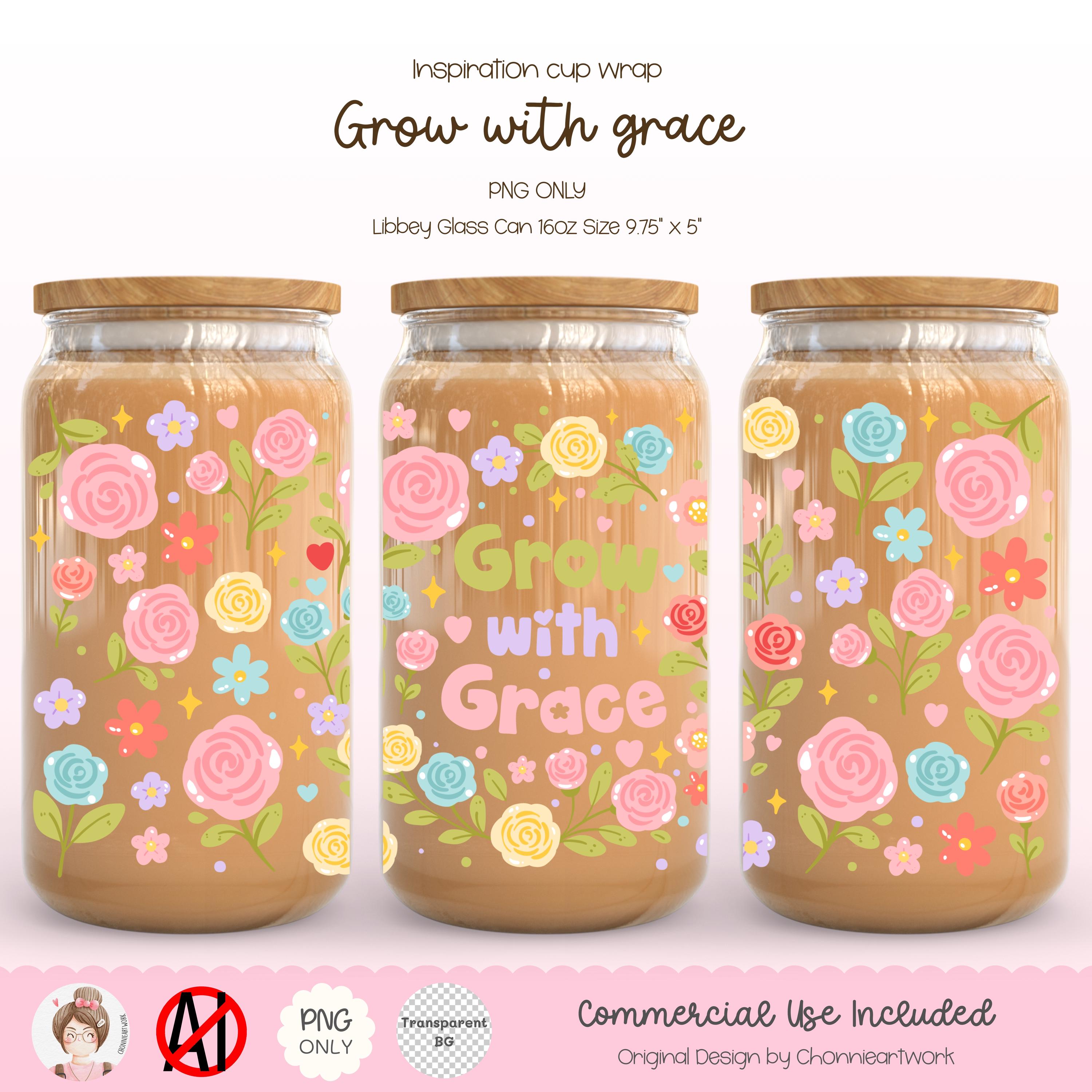 Inspirational Quote Cup Wrap, Grow With Grace PNG, Colorful Floral ...