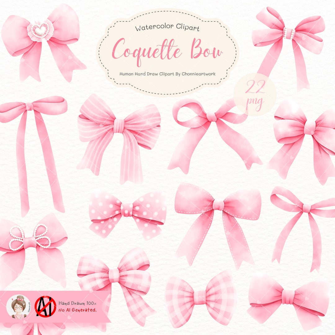 Watercolor Pink Coquette Ribbon Clipart Gift Bow Clipart Fashion ...