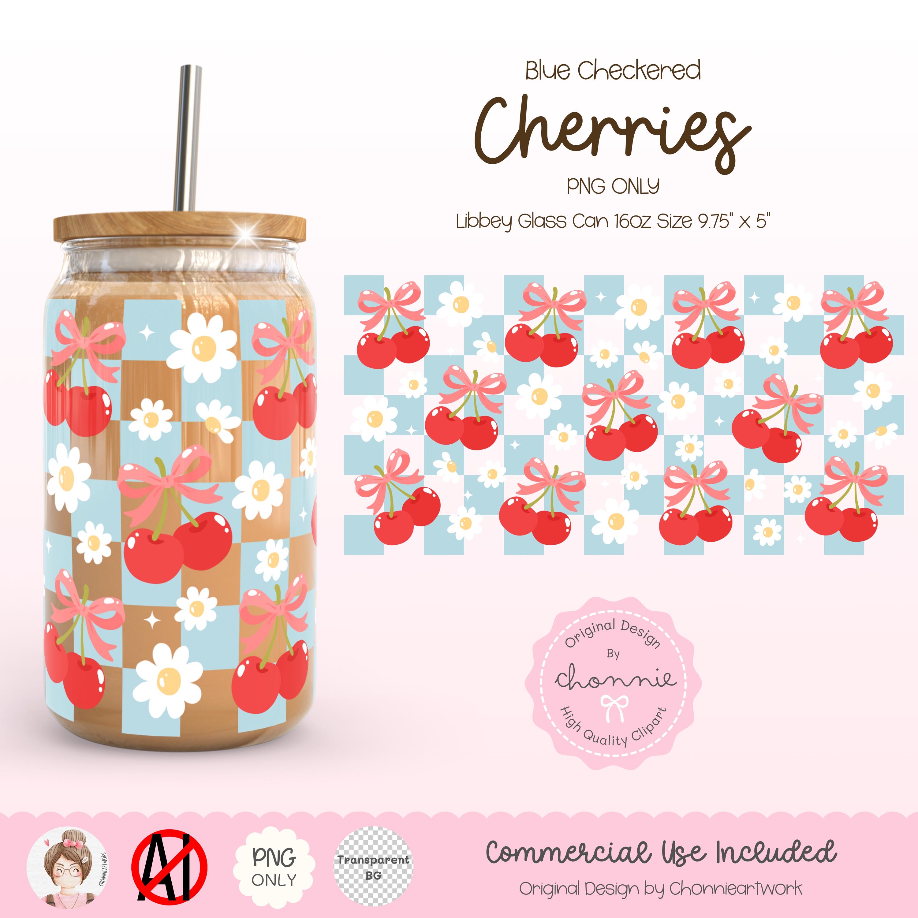 Blue Checkered Cherries Cup Wrap, Coquette Cherries Glass Can Wrap ...