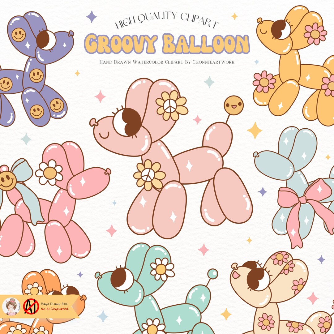 Groovy Balloon Clipart, Groovy Balloon Dog Clipart, Retro Summer ...