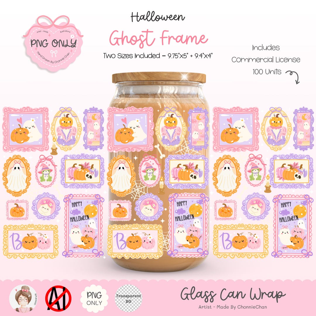 Halloween Ghost Frames PNG Libbey Glass Wrap, Cute Ghost Glass Can Wrap ...