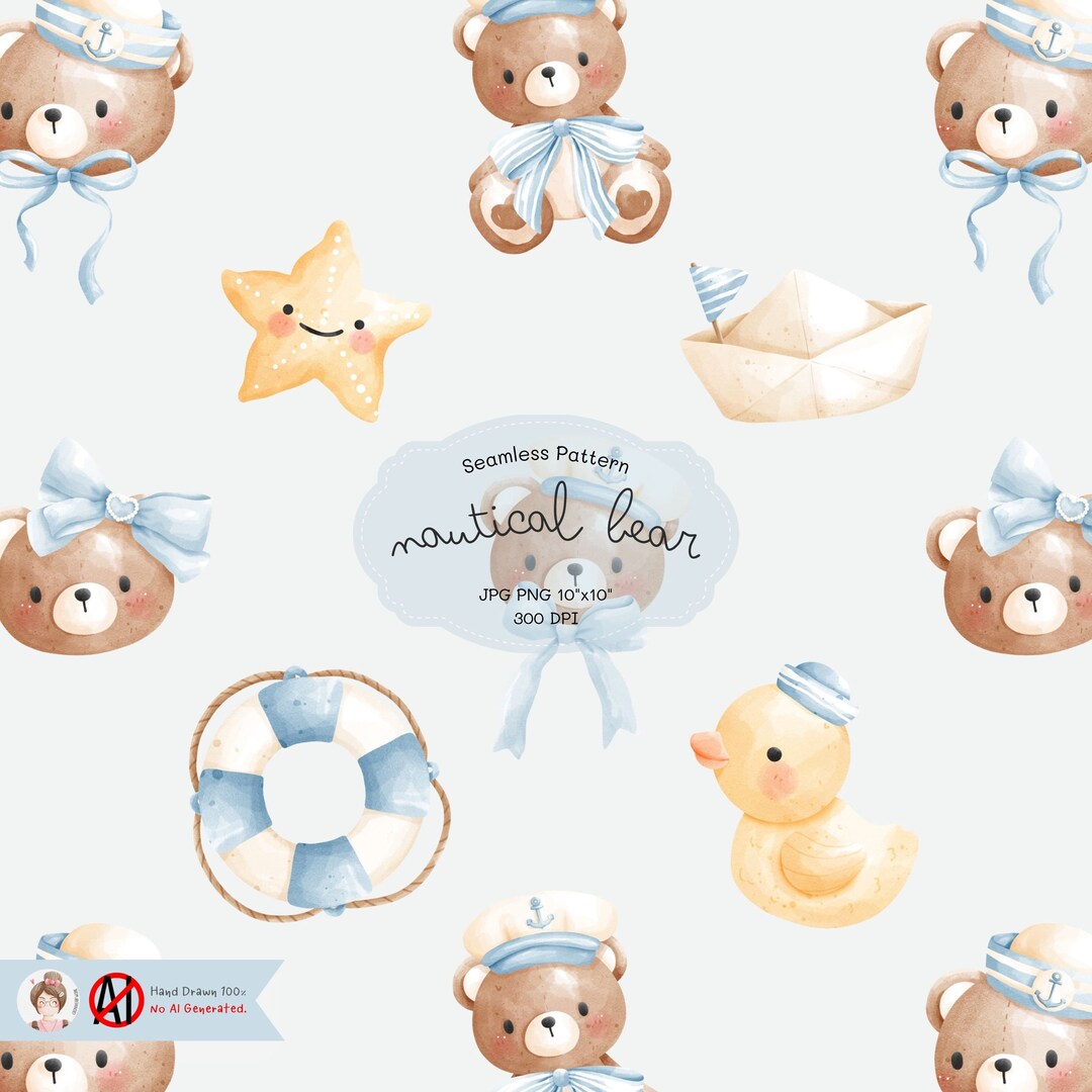 Nautical Teddy Bear Seamless Patterns, Teddy Bear Pattern, Teddy Bear ...