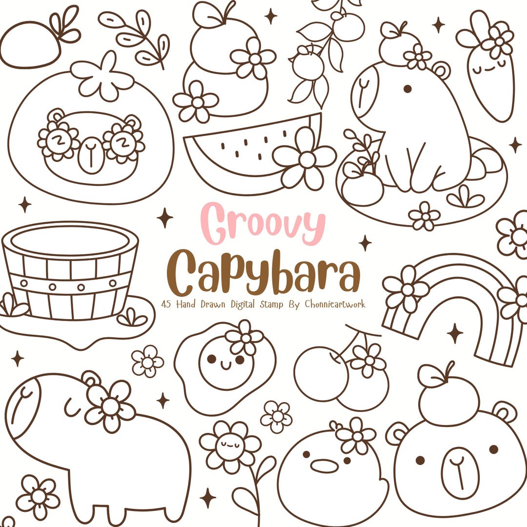 Groovy Capybara Digital Stamp Doodle Coloring Retro Animal Coloring ...