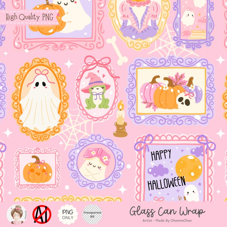 Halloween Ghost Frames PNG Libbey Glass Wrap, Cute Ghost Glass Can Wrap ...