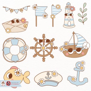 Groovy Nautical Clipart, Nautical Clipart, Retro Summer Clipart, Hippie ...
