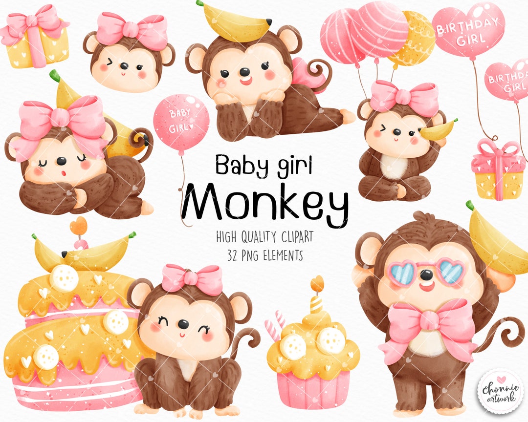 Baby Girl Monkey Clipart, Monkey Birthday Clipart,baby Shower Clipart ...