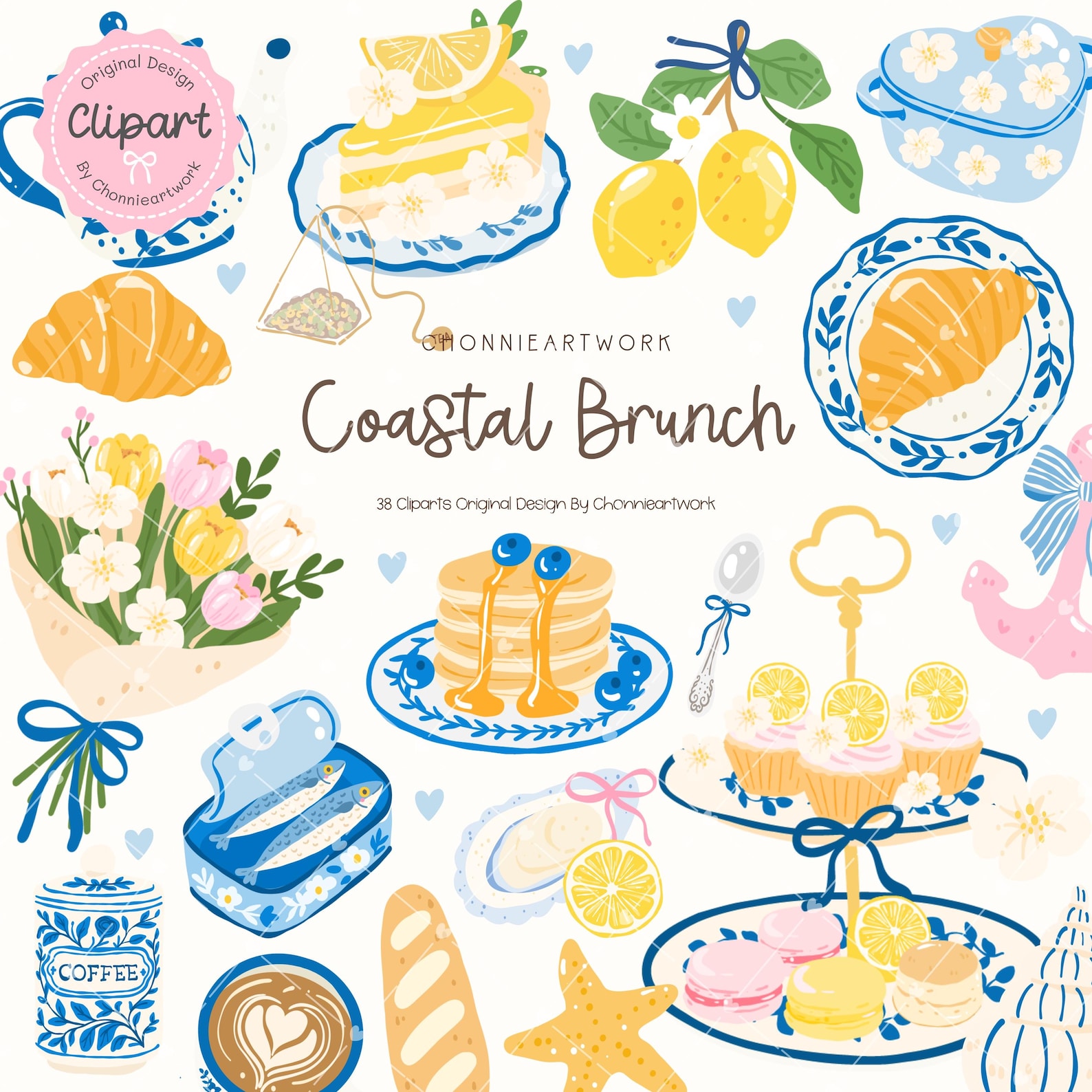 Coastal Brunch Clipart, Blue and Yellow Kitchen Decor, Cottagecore ...