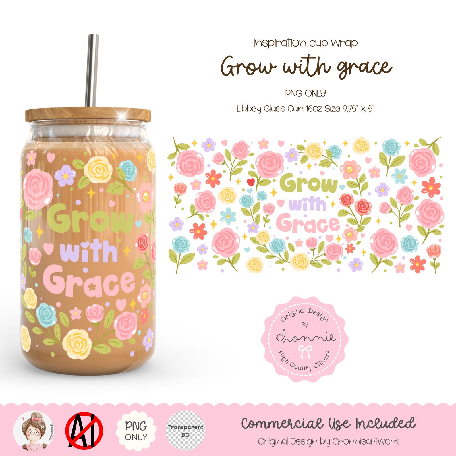 Inspirational Quote Cup Wrap, Grow With Grace PNG, Colorful Floral ...