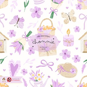 Lavender Cottagecore Seamless Pattern | Pastel Flowers Basket Hat ...