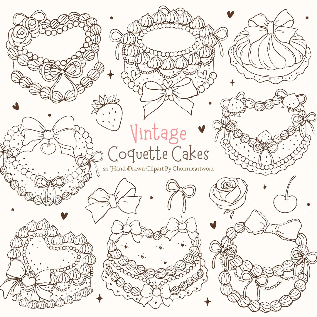 Vintage Cake Clipart Set Retro Wedding Cake Outline Coquette Birthday ...