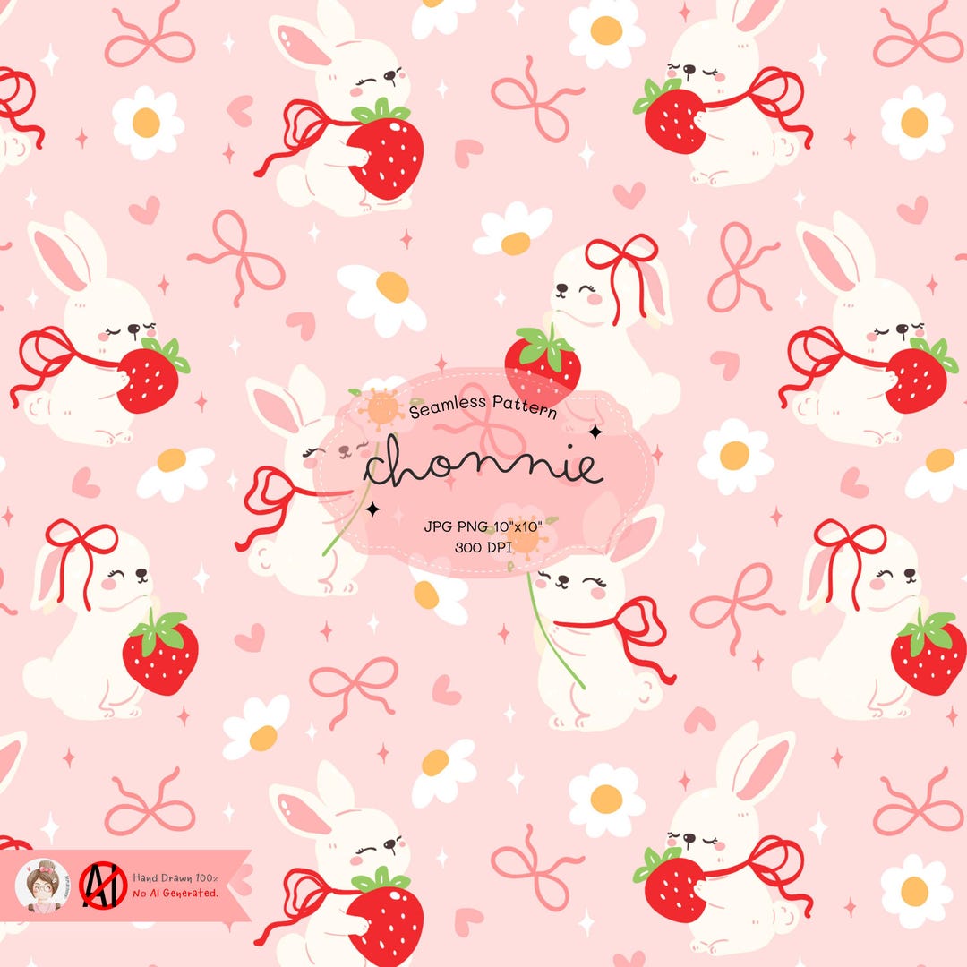 Strawberry Bunny Seamless Pattern, Easter Rabbit Pattern, Cute Digital ...