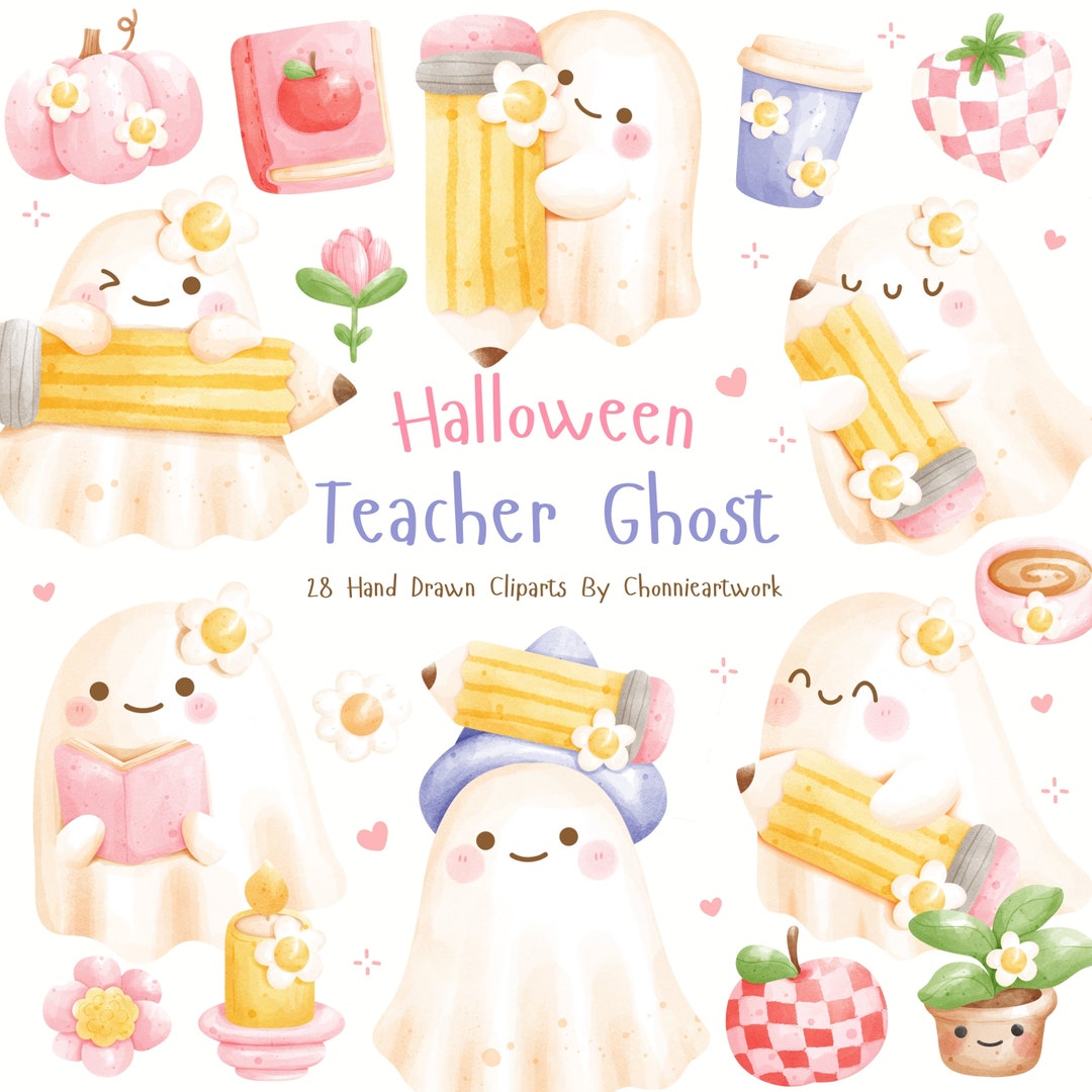 Halloween Cute Ghost Clipart, Teacher Ghost Clipart, Groovy Halloween ...