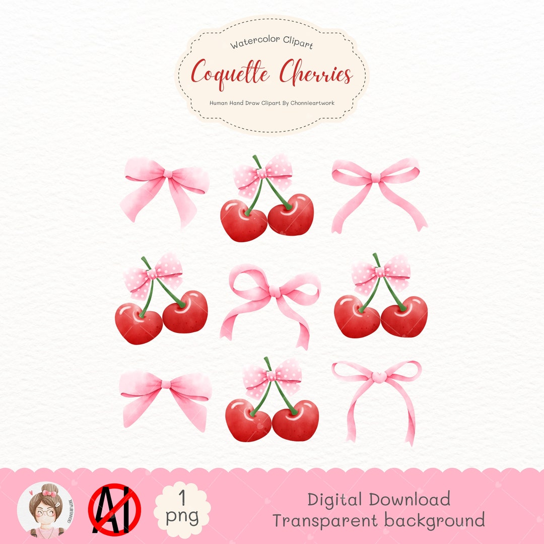 Watercolor Coquette Cherries With Pink Bow, Gift Bow Clipart, Coquette ...