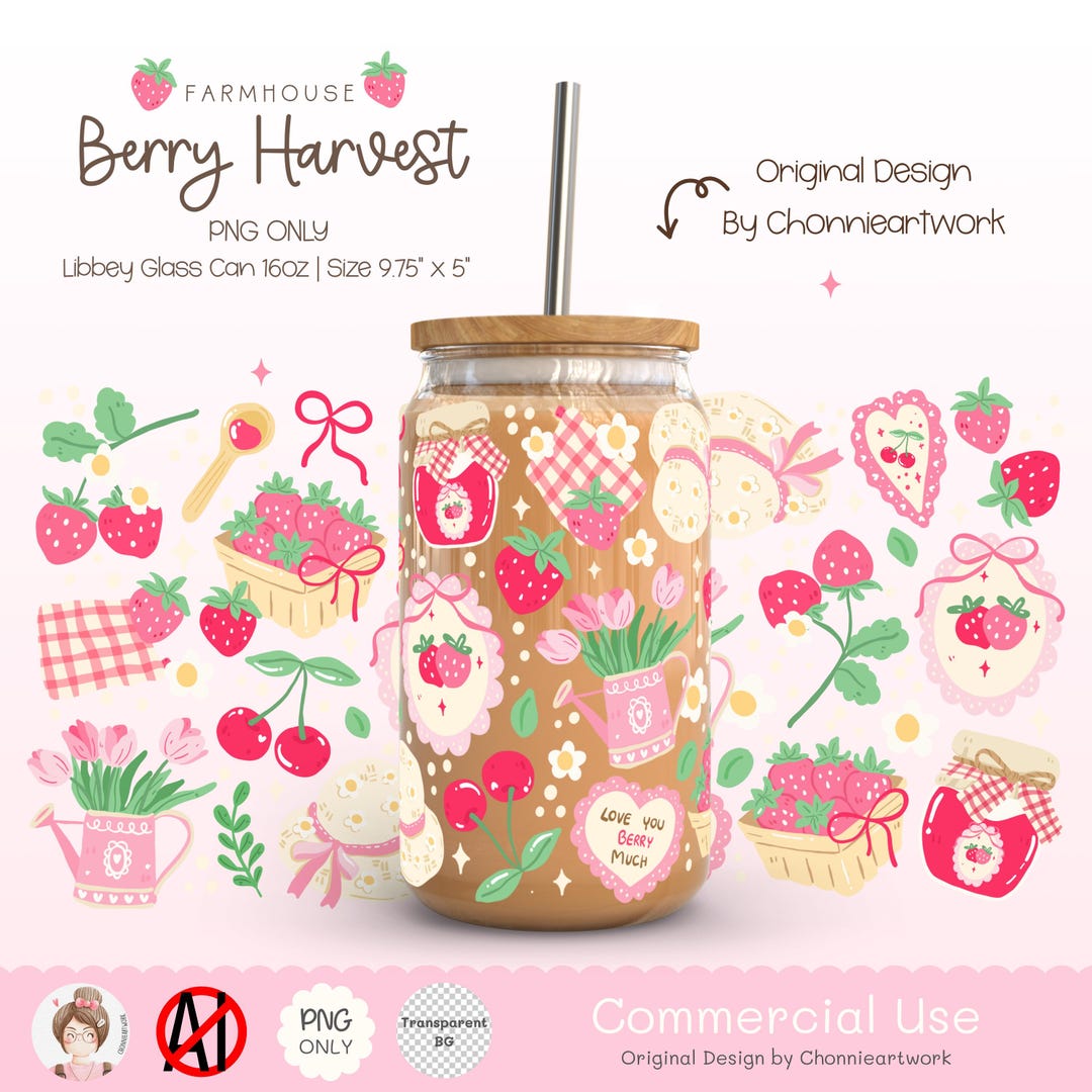 Farmhouse Berry Glass Can Wrap, Coquette Berry Wrap, Strawberry Glass ...