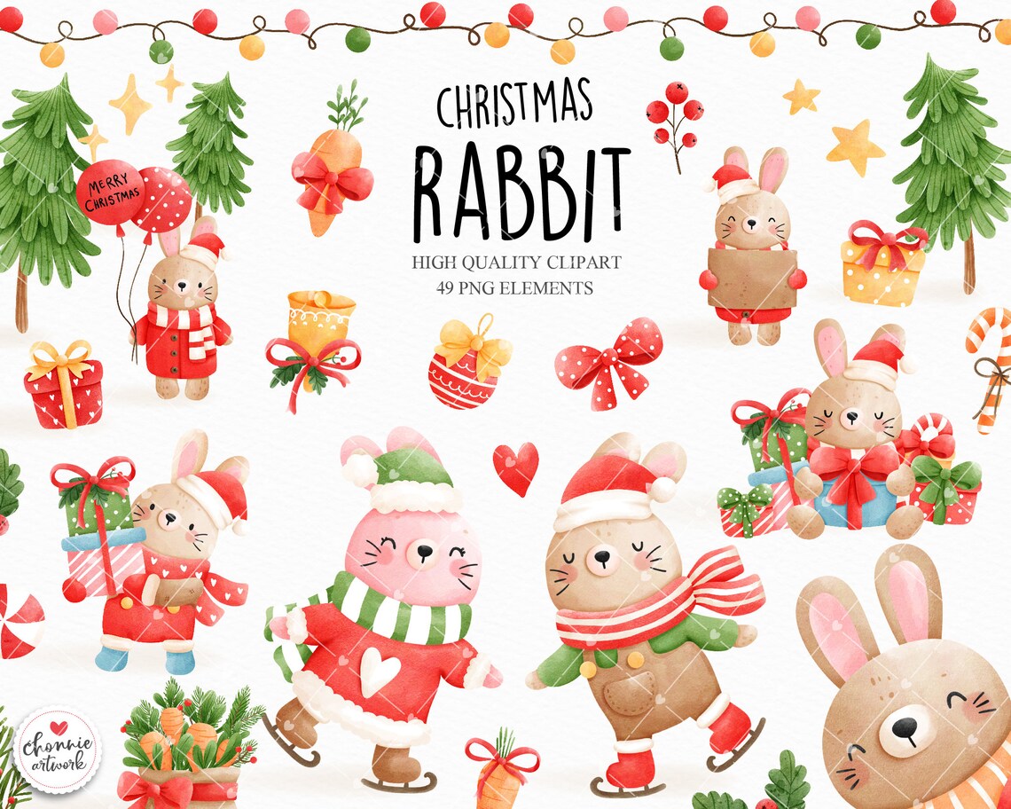 Christmas Rabbit Clipart Christmas Clipart Rabbit Clipart - Etsy