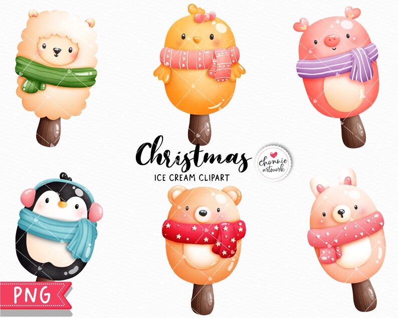 Watercolor Christmas Ice Cream Clipart Winter Animal Clipart | Etsy